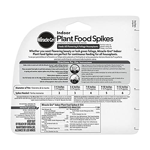 Scotts Indoor Plant Food Spikes, Includes 48 Spikes - Continuous Feeding for all Flowering and Foliage Houseplants - NPK 6-12-6, 48 Count (Pack of 12)