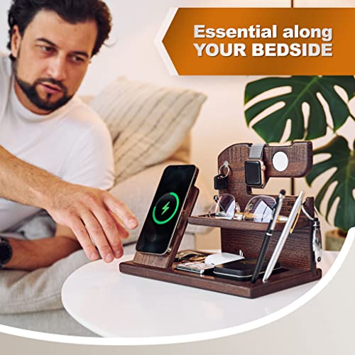 TESLYAR Wood Phone Docking Station Charger Xmas Gifts for Men or Dad for Husband Birthday Wife Nightstand Organizer Key Holder Wallet Solid Ash