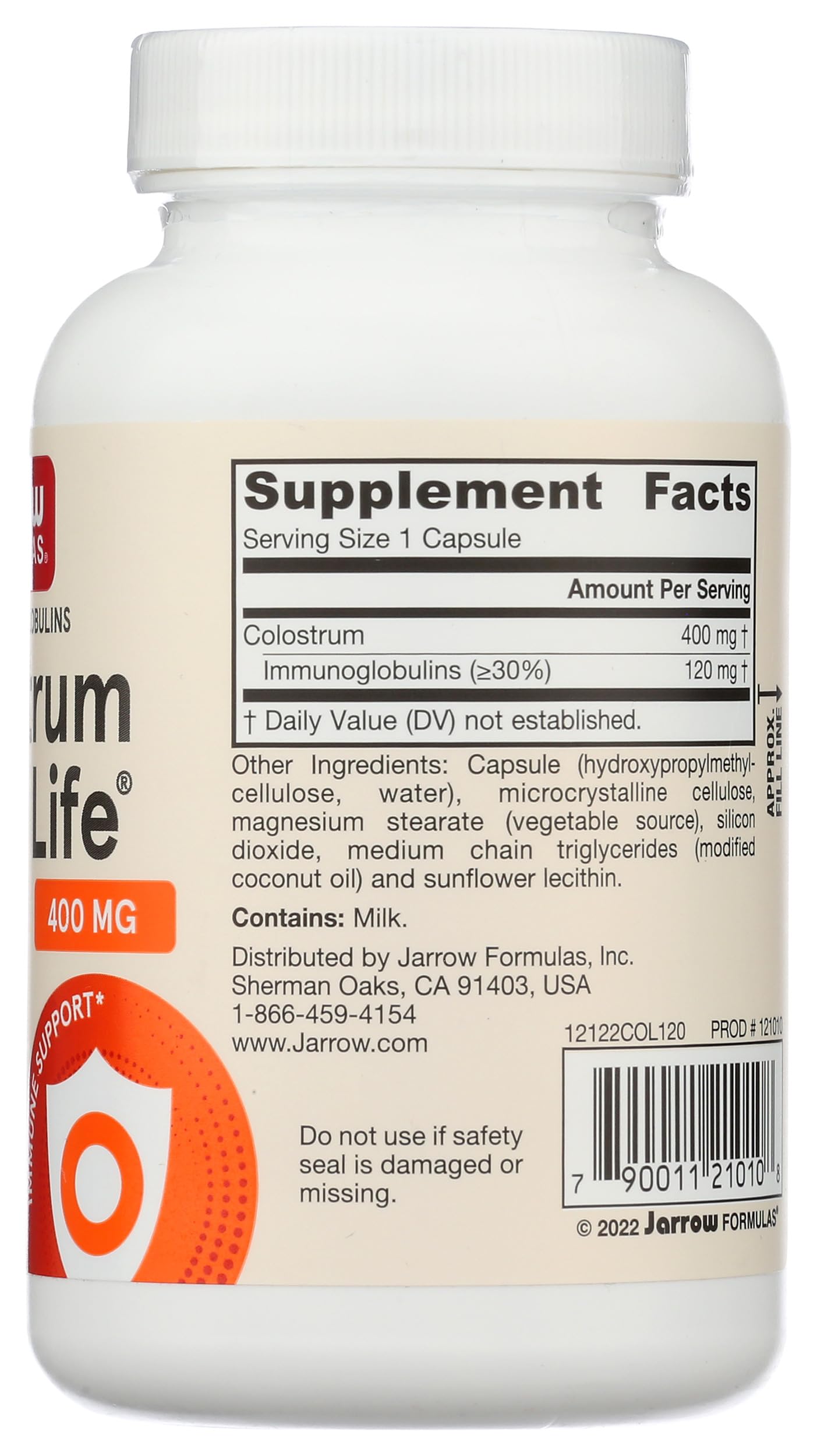 Jarrow Formulas Colostrum Prime Life 400 mg, Dietary Supplement, Immune and Gastrointestinal Support, 120 Capsules, 120 Day Supply