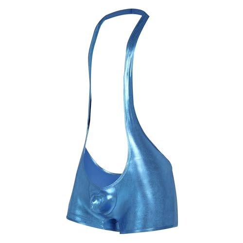Men's Patent Leather Bodysuits Wrestling Singlet Bodysuit Backless Leotard Wet Look Short Catsuit Sleeveless Clubwear (Blue,Large)