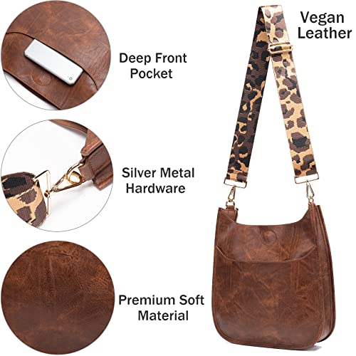 NOL Natural Organic Lifestyle Women Crossbody Handbag Retro Vegan Leather Messenger Bag with Romovable Leopard Shoulder Strap (Coffee Small)