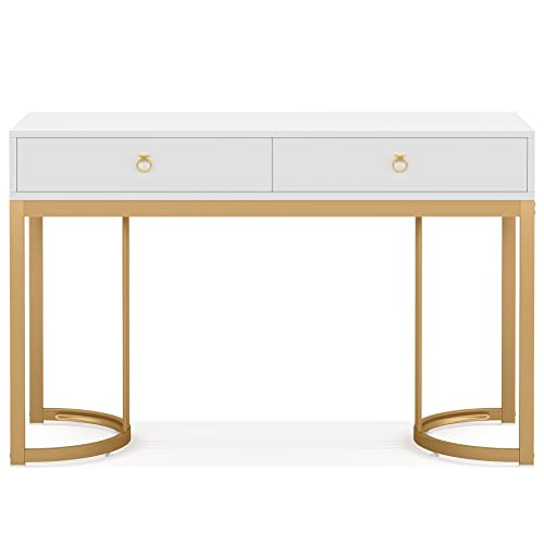 Tribesigns 47 inch White and Gold Computer Desk with 2 Drawers, Modern Simple White Vanity Desks Makeup Table with Heavy Duty Golden Metal Frame Handles for Home Bedroom (Without Mirror)