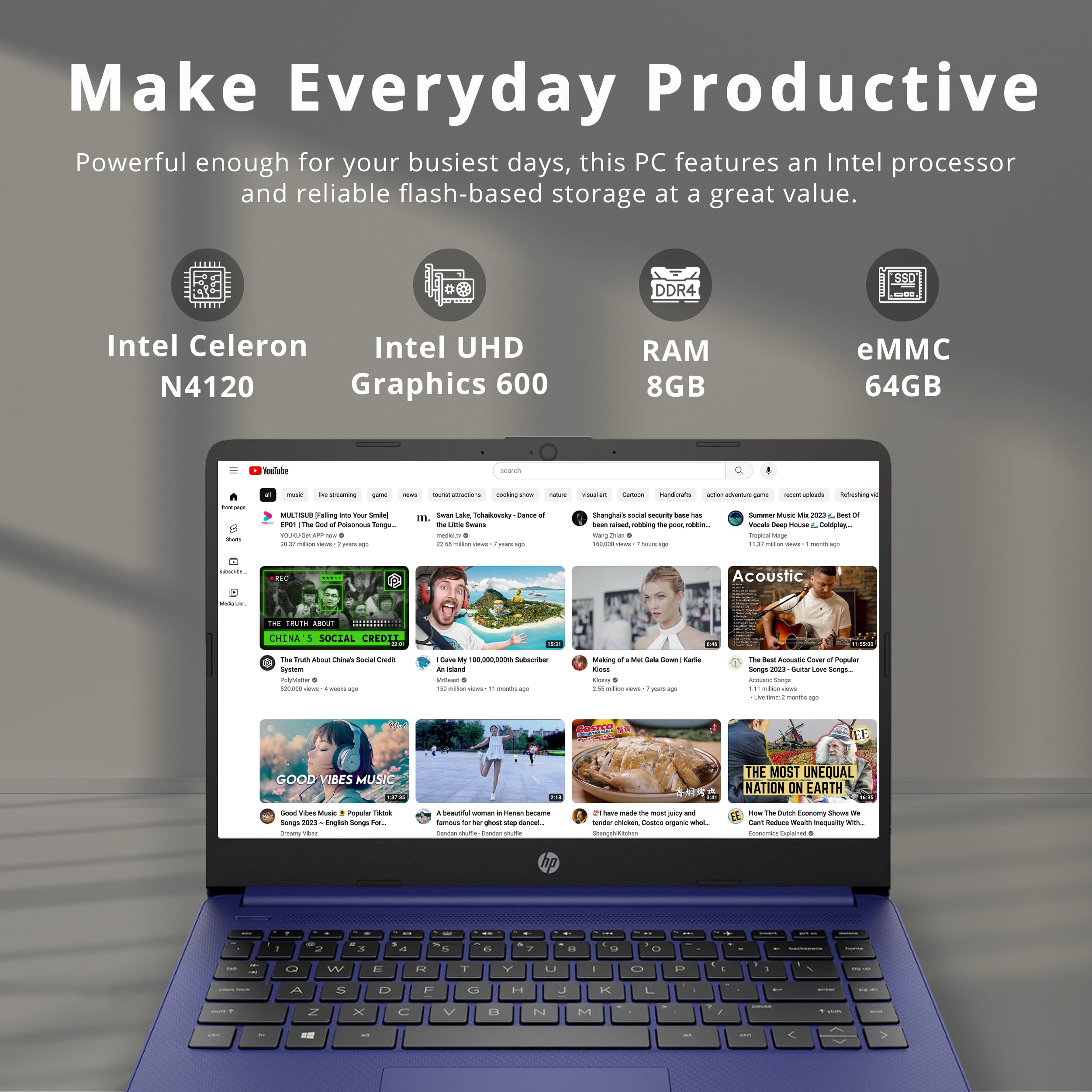 HP Premium Stream 14" HD BrightView Laptop, Intel Celeron N4120, 8GB RAM, 64GB eMMC Storage, UHD Graphics, HD Webcam, 1 Year Office 365, Bluetooth, WiFi, HDMI, Win 11s, Blue, 32GB Hotface USB Card