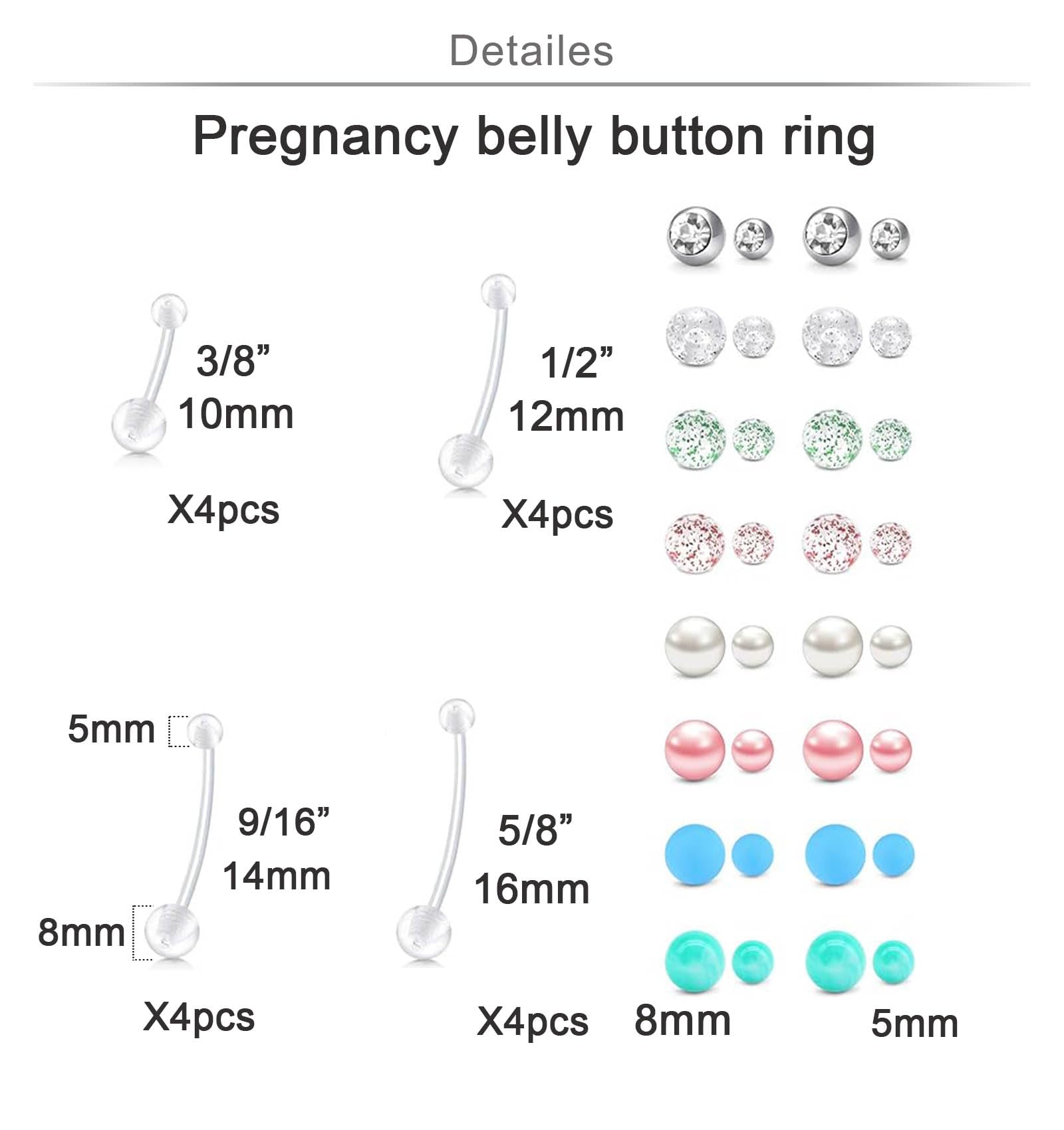 Longita Plastic Pregnancy Belly Button Rings Long Bar Navel Rings for Maternity Sport Pregnant Women Flexible Clear Belly Piercing Retainer Different Length bar and balls for Replacement 12-32mm