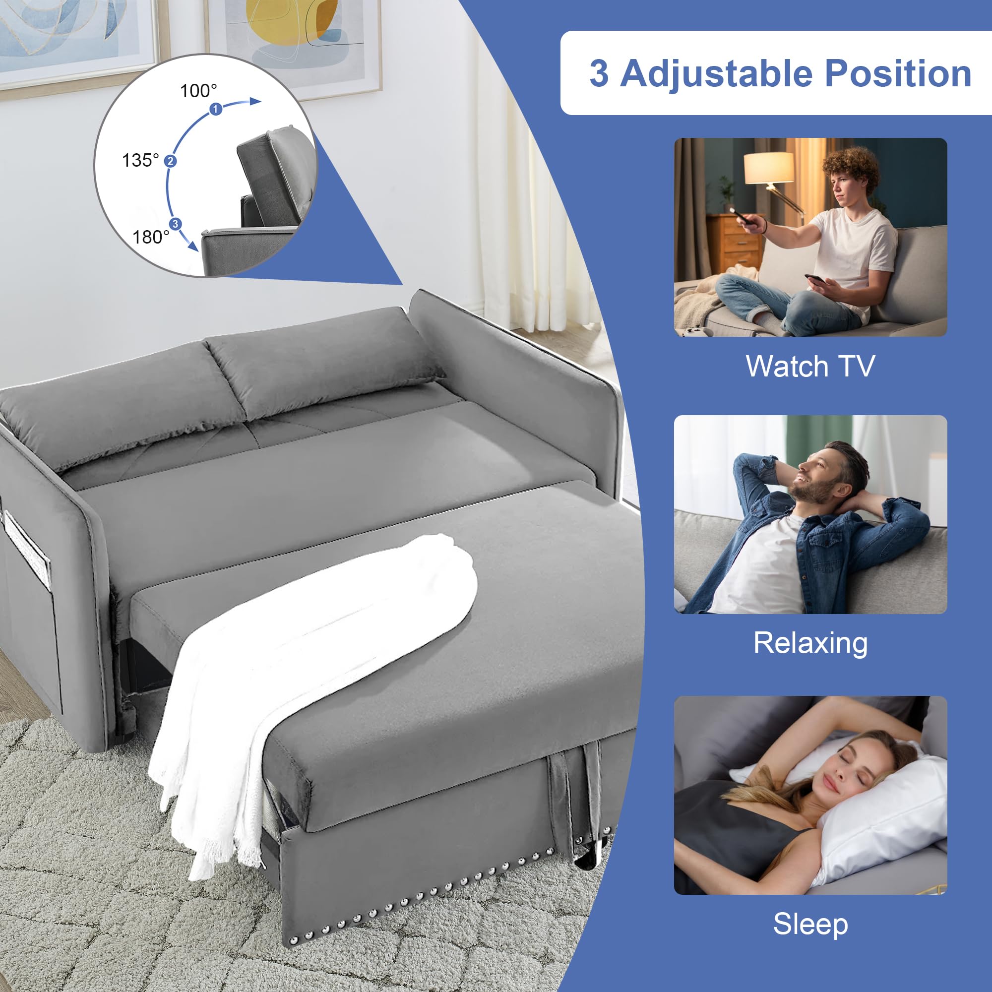 SumKea Loveseat Sleeper Sofa Beds, Pull Out Couch, 55'' Velvet 3 in 1 Sofa Cama Adjustable Back with 2 Pillows & Side Pocket, Ideal for Living Room and Bedroom, Grey