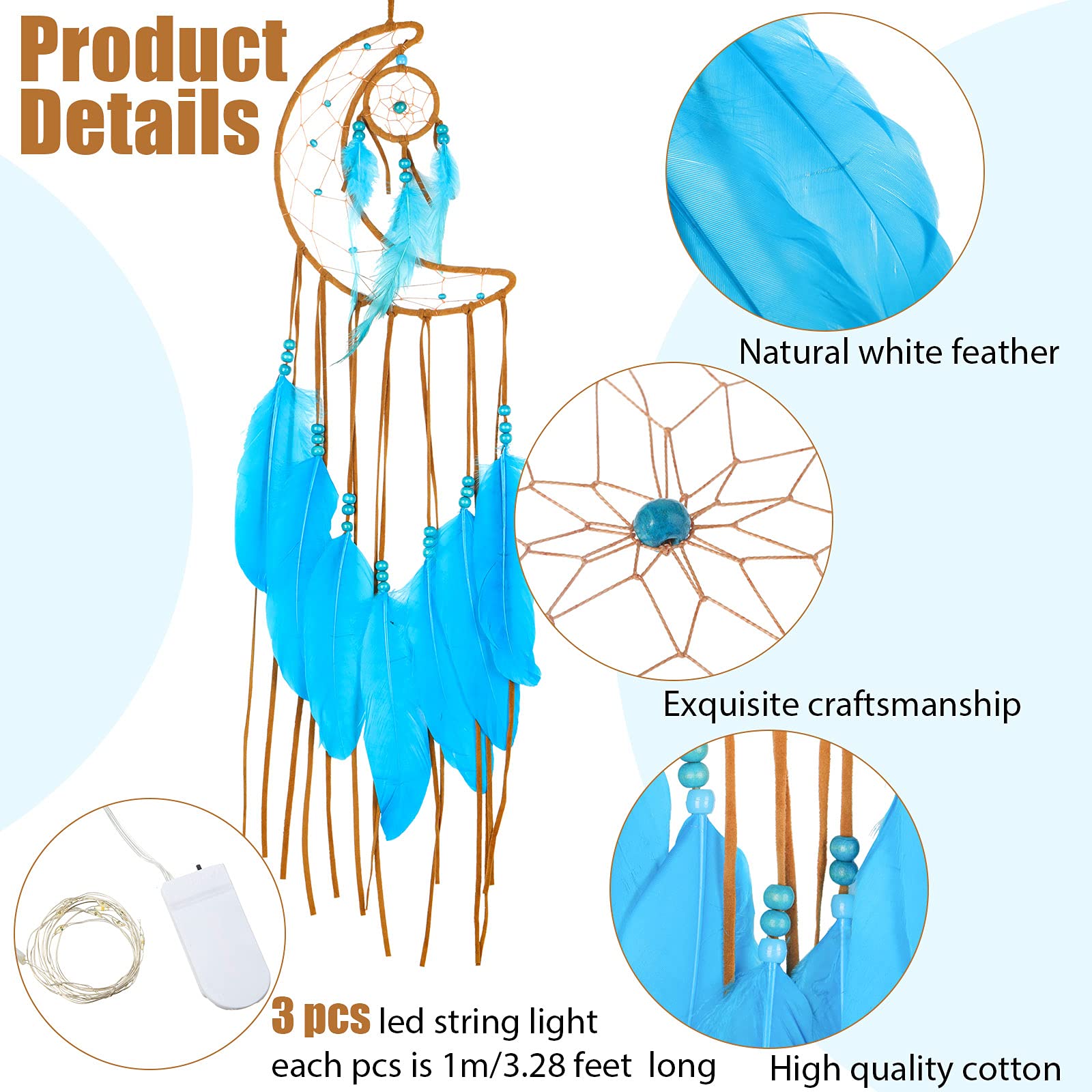 Jetec 3 Pieces Macrame Dream Catcher Moon Sun Star Design Woven Wall Hanging Decor Handmade Traditional Design with 3 LED Light for Wall Hanging Home Decoration (Blue)