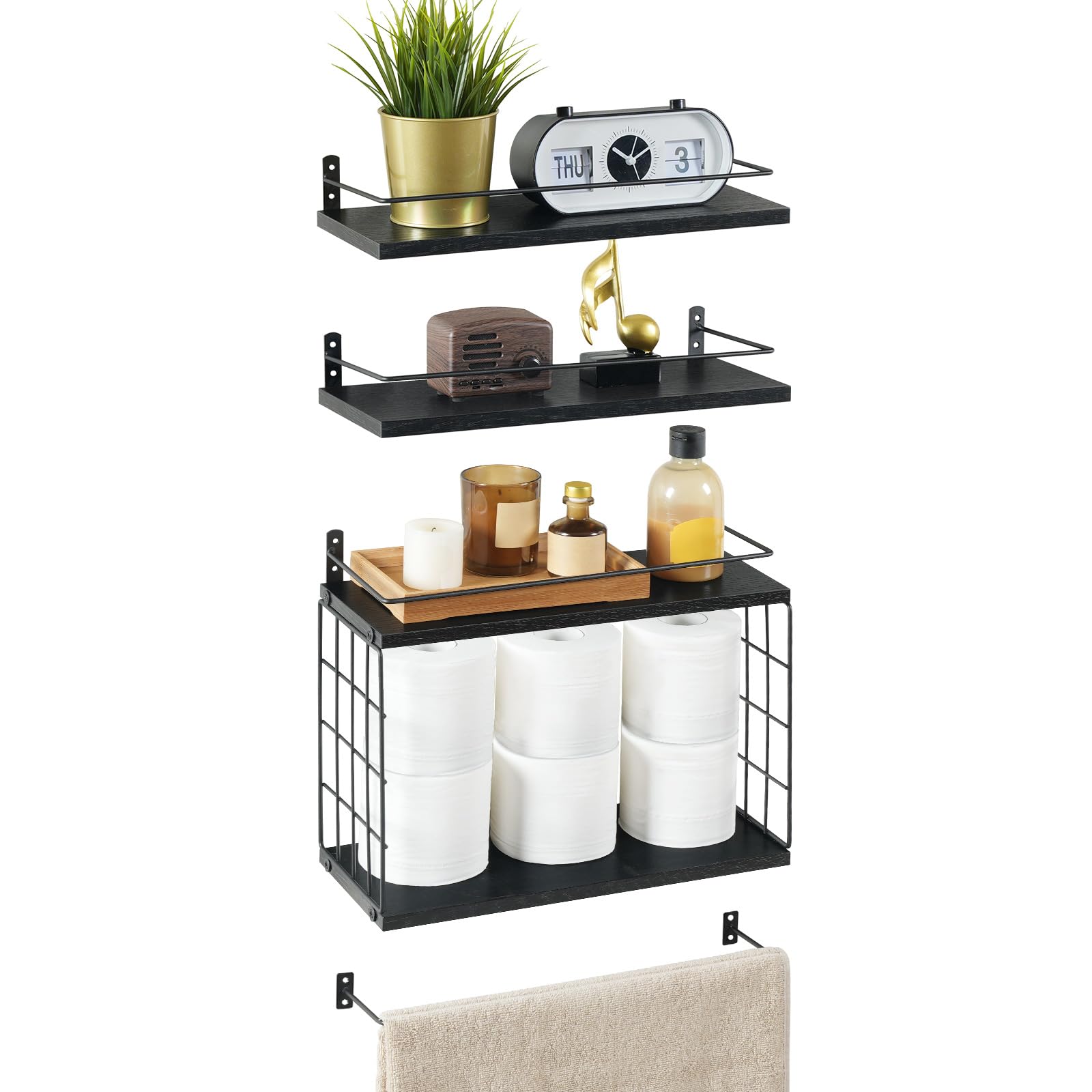 HOOBRO 4+1 Tier Floating Shelves, Bathroom Shelves Over Toilet with Wire Storage Basket, Wall Mounted Floating Shelf Organizer, Rustic Brown BF30BJ01