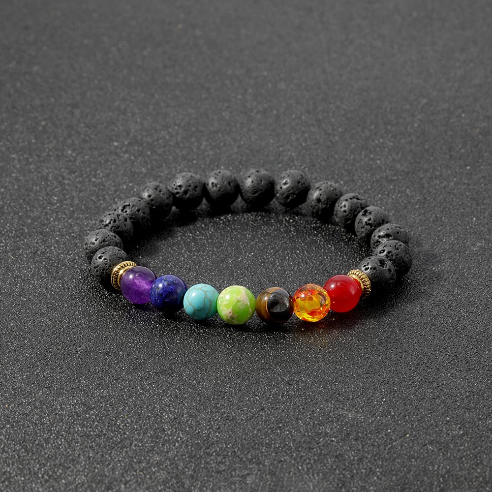 OAIITE 2Pcs 7 Chakra Bracelet Elastic Natural Stone Yoga Healing Crystals Beads Meditation Relax Anxiety Bracelet Bangle Natural Lava