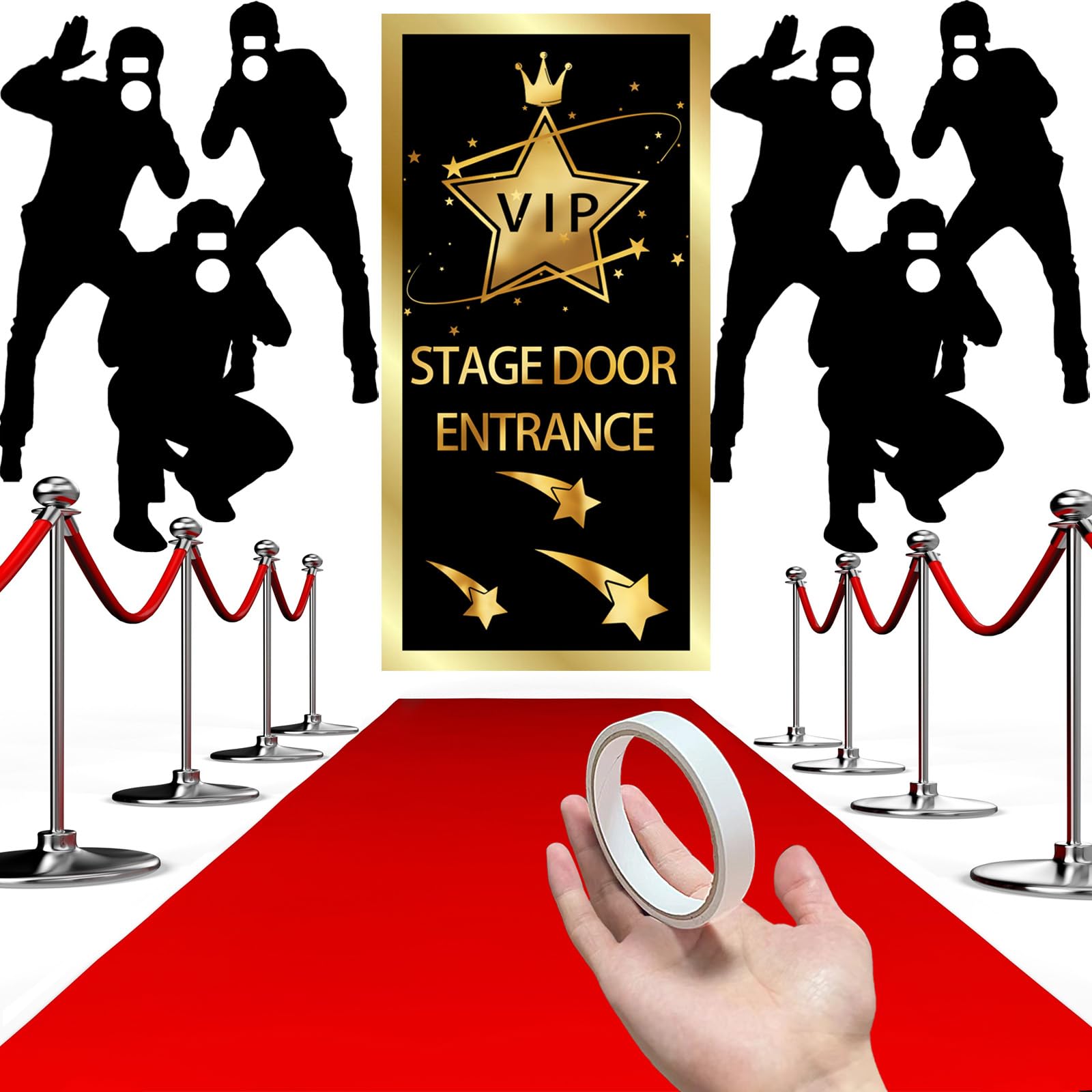 Vip Stage Door Entrance Door Cover Accessory Paparazzi Props Party Accessory and 2.6 x 15 ft Red Carpet Runner Rug 58 Gsm Thickness with Carpet Tape for Glamorous Movie Theme Party Decoration Supplies