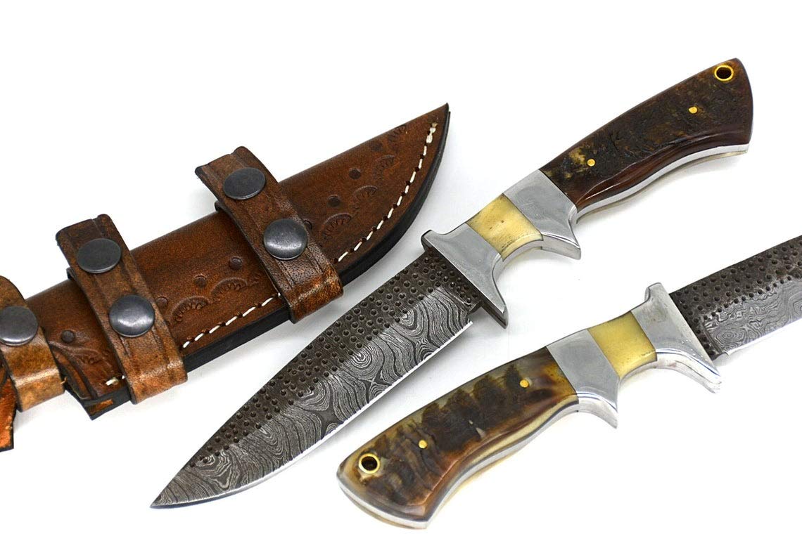 Leopard Picks Handmade Damascus Hunting Knife Ram Horn Handle Full Tang
