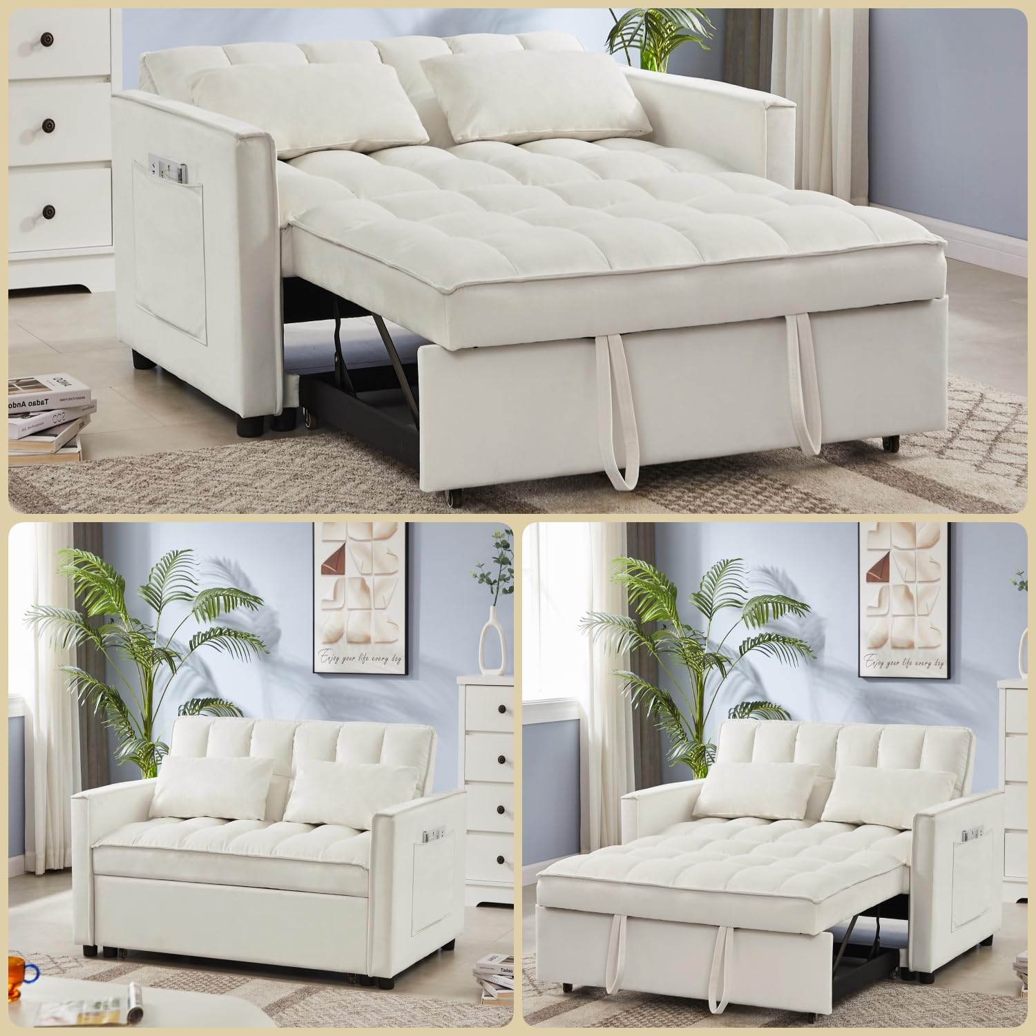 Velvet Sleeper Sofa Couch Bed,3 in 1 Small Modern Convertible Loveseat Futon Sofa with 3 Level Adjustable Backrest, Storage Pockets, Toss Pillows, Pull Out Loveseat Sleeper for Living Room (Beige)
