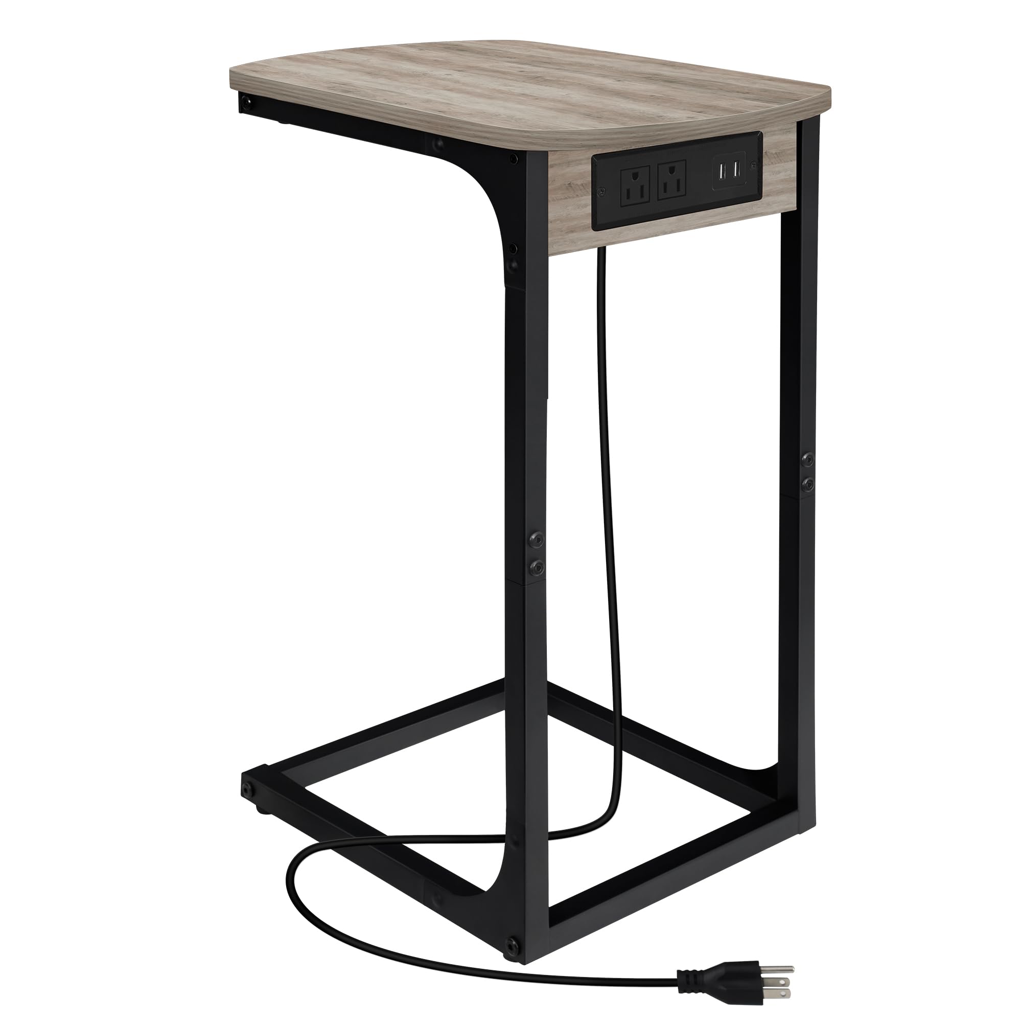 Hzuaneri L Shaped End Table with Charging Station, Bed Side Table with USB Port & Outlet, Couch Table, C Snack Table for Living Room, Bedroom, Greige and Black ET04905B