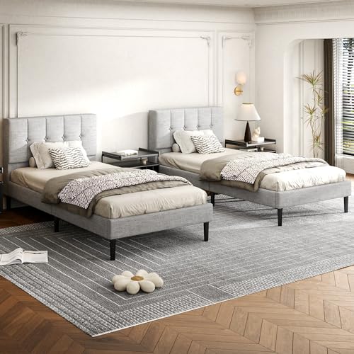 viplov Twin Size Platform Bed Frame with Upholstered Headboard, Mattress Foundation with Wooden Slats Support, Easy Assembly, Noise Free, No Box Spring Needed, Light Grey