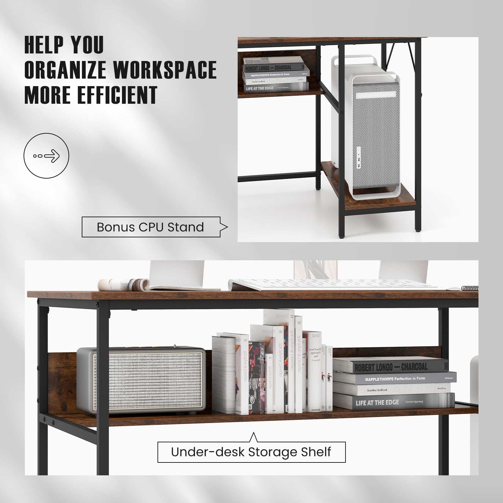 Tangkula 55 Inch Computer Desk with 4 Power Outlets & 2 USB Ports, Home Office Desk with Built in Charging Station with Switch, Computer Workstation Writing Study Desk with Storage Shelf & CPU Stand