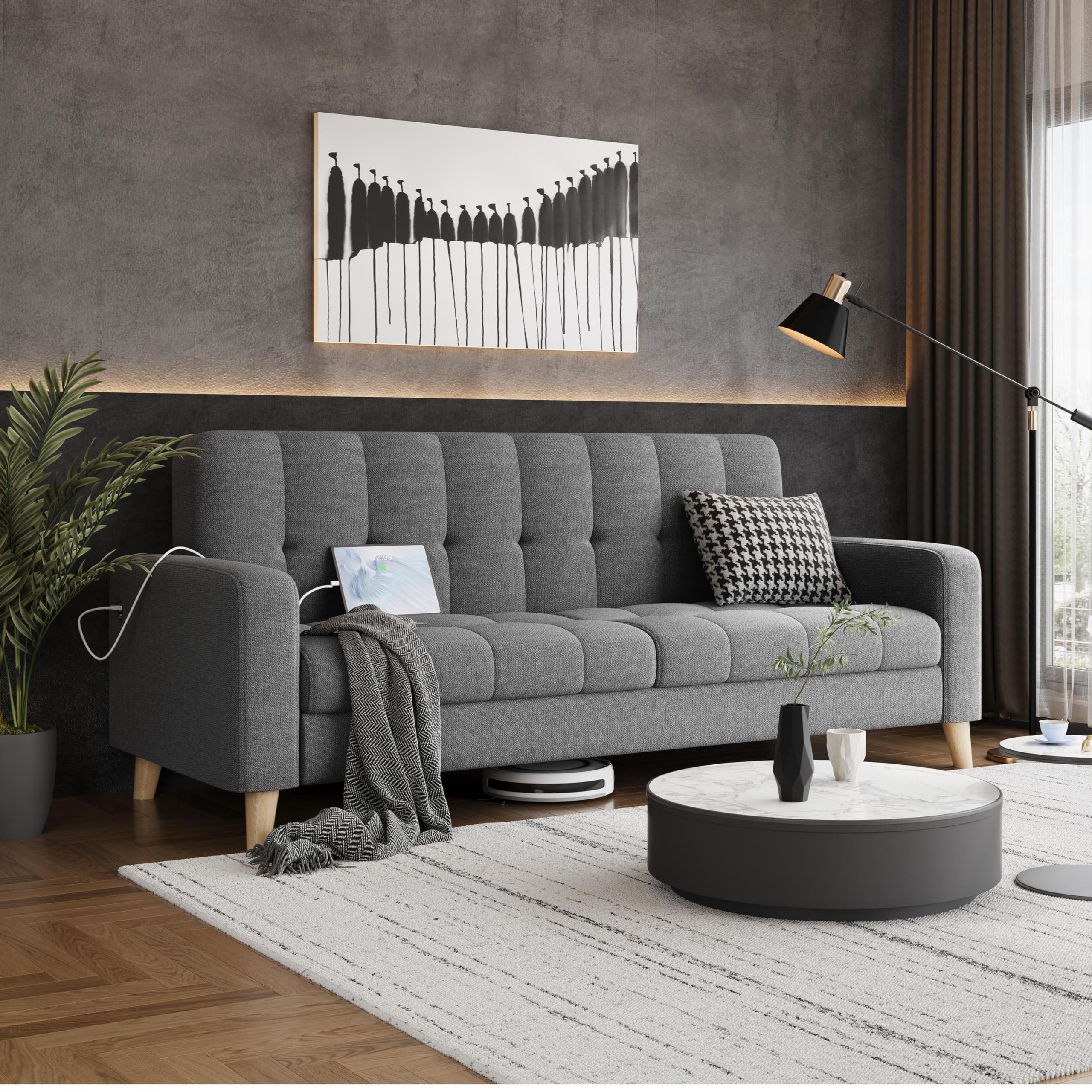 Yaheetech 2-Seater Fabric Sofa Loveseat with USB Ports Mid-Century Modern 65? W Couch Sofa with Solid Wood Legs for Living Room Apartment Bedroom Office Dark Gray