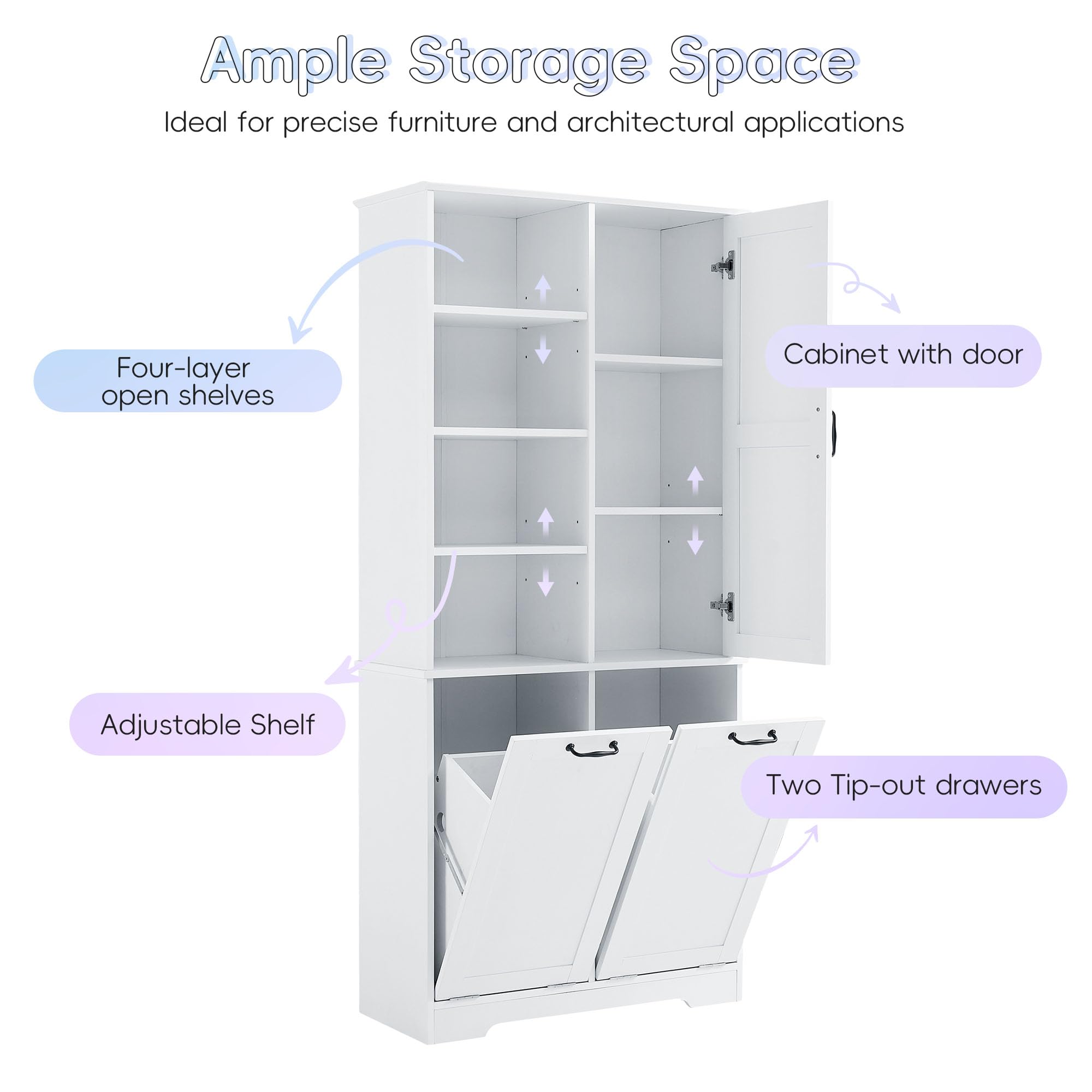 Virubi 68 in Tall Bathroom Laundry Cabinet with 2 Tilt Out Laundry Hamper, Wood Bathroom Storage Cabinet with Doors and Adjustable Shelves, Laundry Room Cabinets Freestanding Bathroom Storage (White)