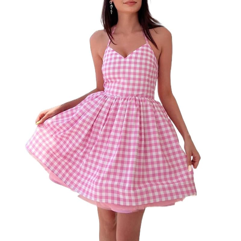 Women Y2k Pink Gingham Dress Backless Plaid Halter Swing Dress Rockabilly Polka Dot Dress 50s Vintage Tea Dress