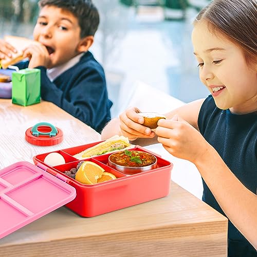 Kids' Bento Lunch Set Featuring a 8oz Soup Thermo, Leak-proof Containers with 4 Compartments, Thermo Food Jar, Ideal for School Lunches(Red)
