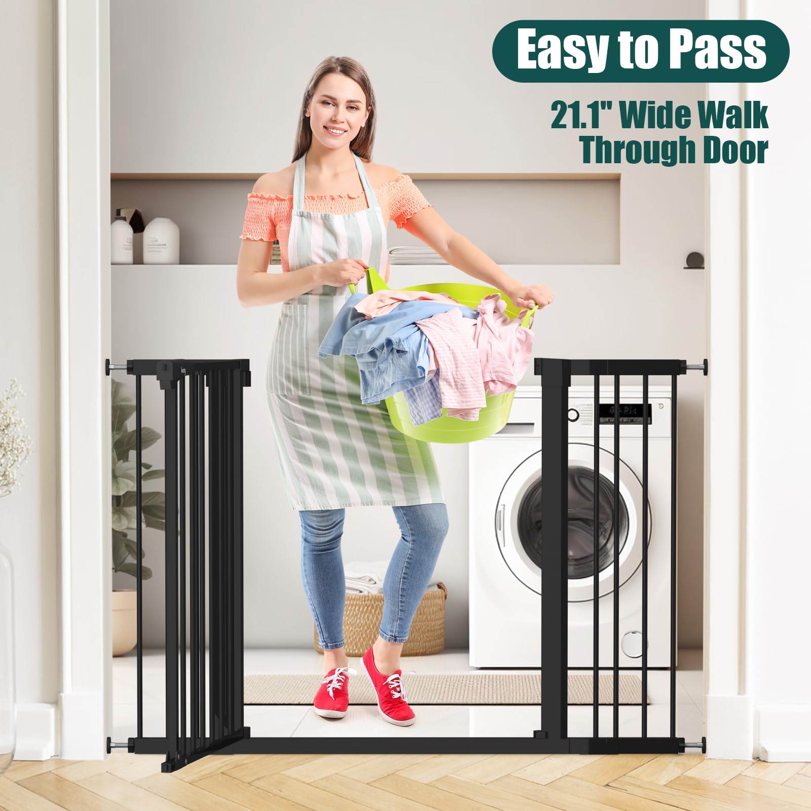 keny 30"-40.5" Baby Gate for Stairs, Auto Close Dog Gate with 21.1" Large Opening Walk Thru Door, Pressured Mounted Easy Install Pet Gate, 30" Tall, Grey