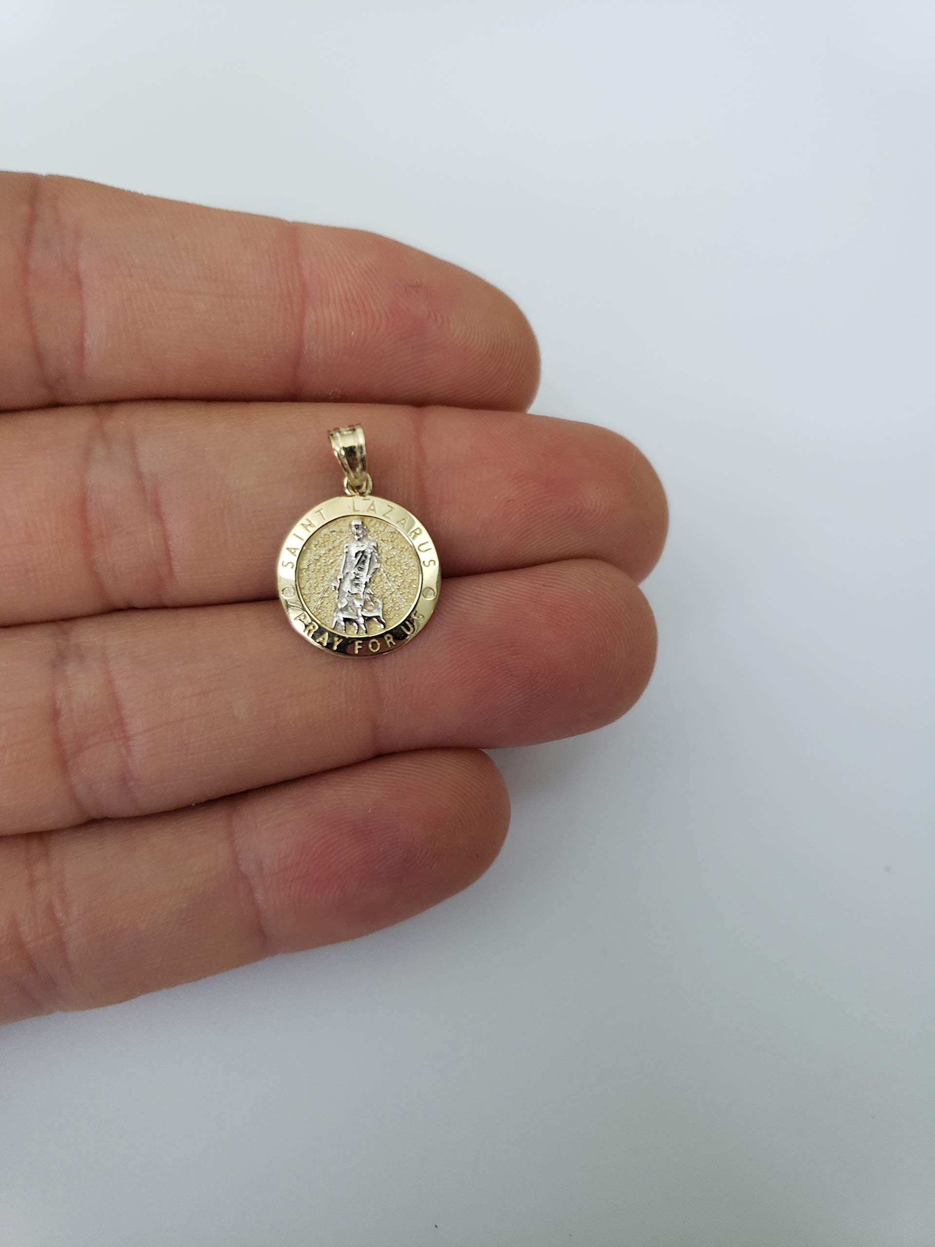 Ice on Fire Jewelry 10k Real Solid Yellow Gold Saint Lazarus Medal, Dainty Religious Charm
