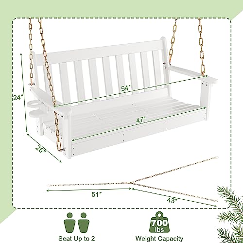 Tangkula 2 Person Hanging Porch Swing, Outdoor Bench Swing with Adjustable Chains, Hidden Cup Holders, HDPE Tree Swing Chair for Patio Backyard Deck Garden, 54 Inch (White)