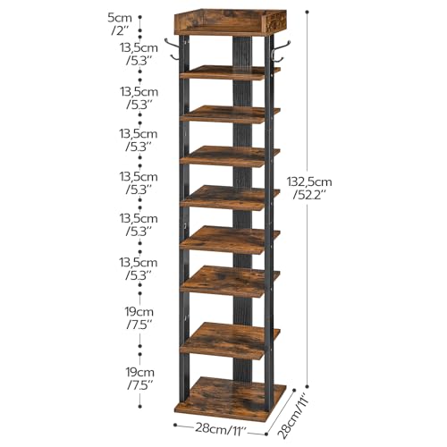 HOOBRO Vertical Shoe Rack, 9 Tier Shoe Storage Organizer with Hooks, Narrow Shoe Rack for 9 Pairs, Space Saving, Stable and Strong, for Entryway, Closet, Bedroom, Rustic Brown BF81XJ01