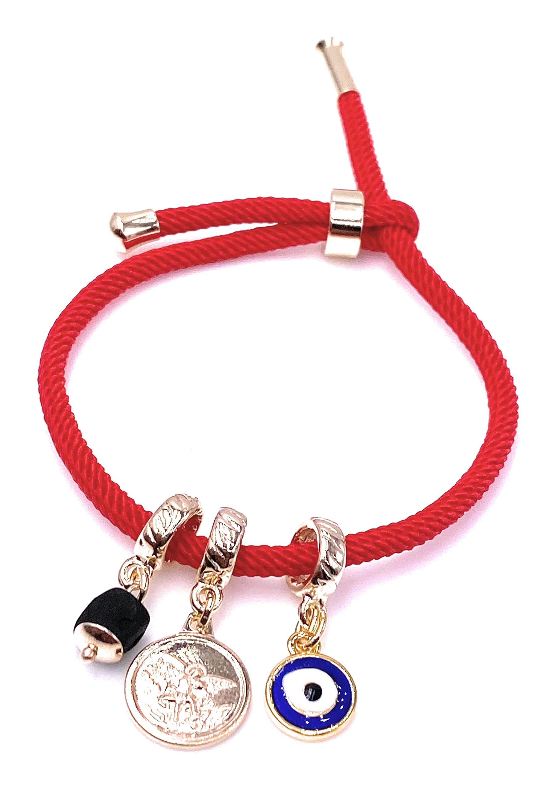 LESLIE BOULES Red Charm Bracelet Saint Michael Archangel Medal Genuine Azabache Stone and Blue Evil Eye Pendant