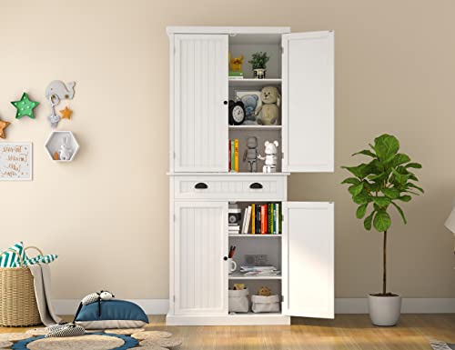 Yusong 72'' Tall Kitchen Pantry Cabinet, Farmhouse Storage Cabinet with 4 Doors, Drawer and Adjustable Shelf, Freestanding Wooden Cupboard Buffet for Home Dining Room Living Room Entryway, White