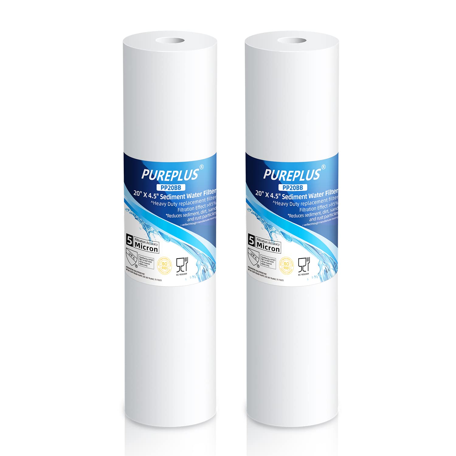 PUREPLUS 5 Micron 20" x 4.5" Whole House Sediment Home Water Filter Replacement Cartridge, Compatible with FPMB5-20, AP810-2, 155358-43, SDC-45-2005, 2PP20BB1M, P5-20, FP25B, 2 Pack
