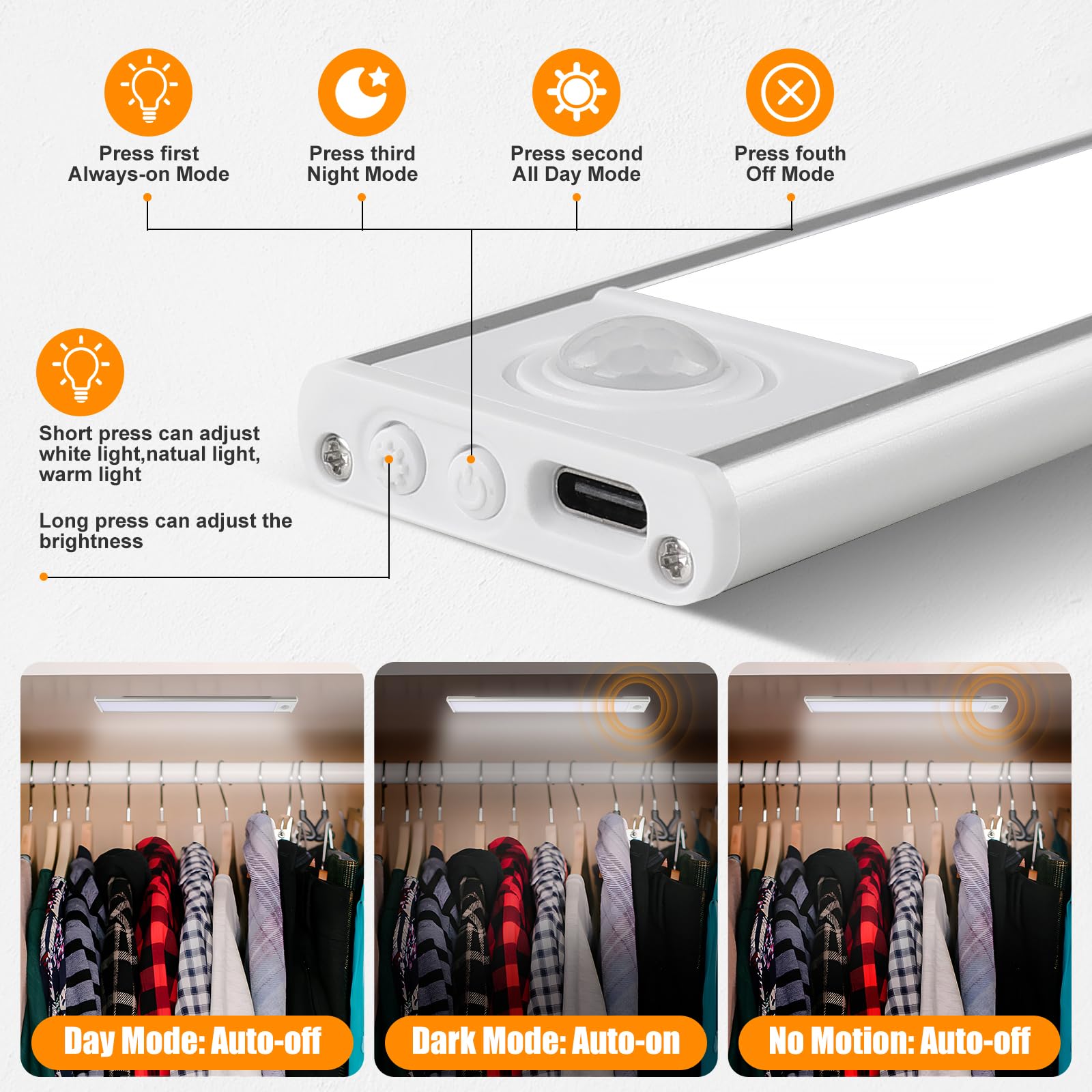 Under Cabinet Lighting Motion Sensor Closet Lights 1000mAh Rechargeable Under Cabinet Lights Wireless 80 Led Lights with Hook Under Counter Lights for Kitchen,Indoor,Wardrobe,Hallway(3 Colors)