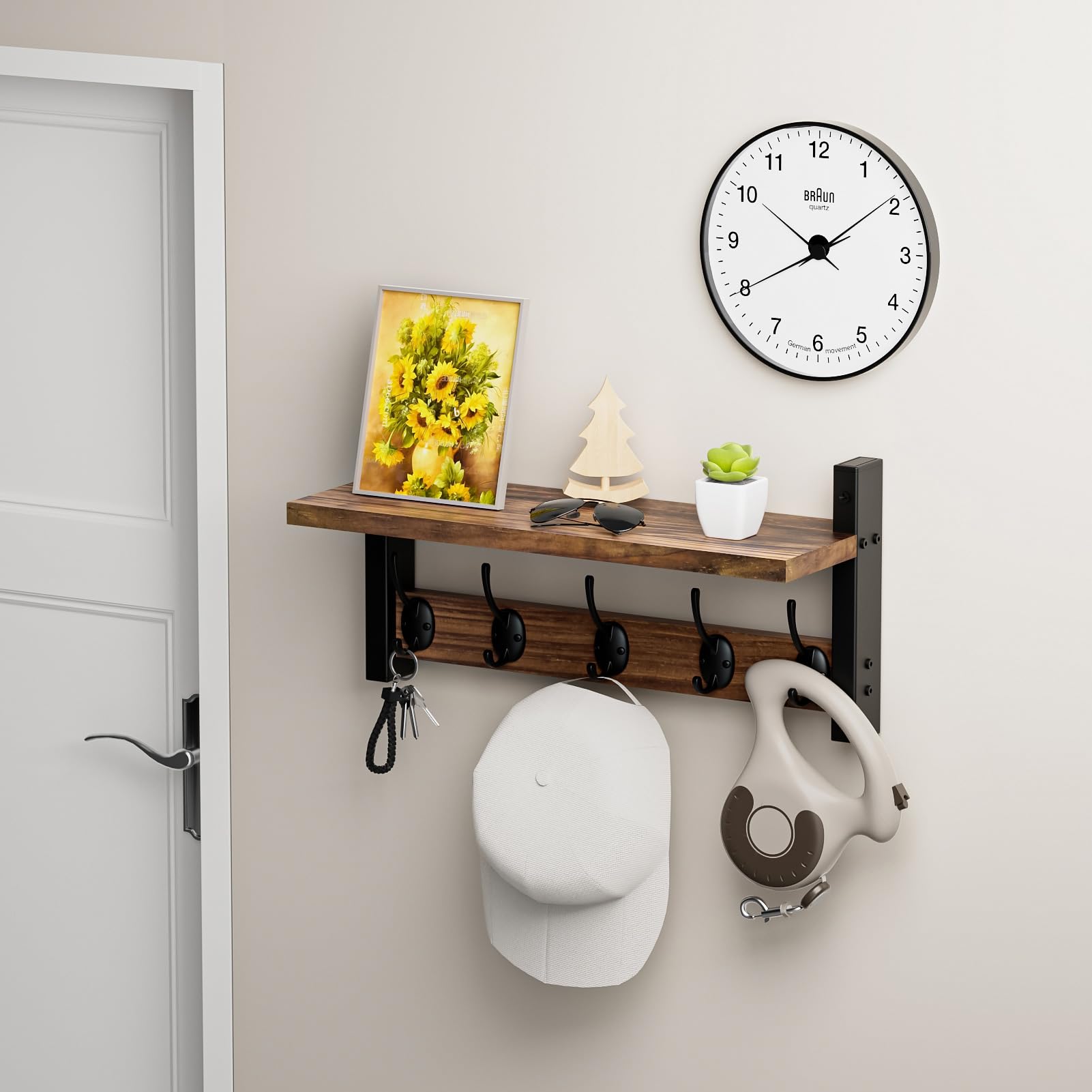 VITVITI Coat Rack Wall Mount with Shelf, Wood Entryway Coat Hanger with 5 Metal Hooks, Farmhouse Hat Coat Rack for Wall Living Room/Bathroom/Kitchen, Rustic Brwon