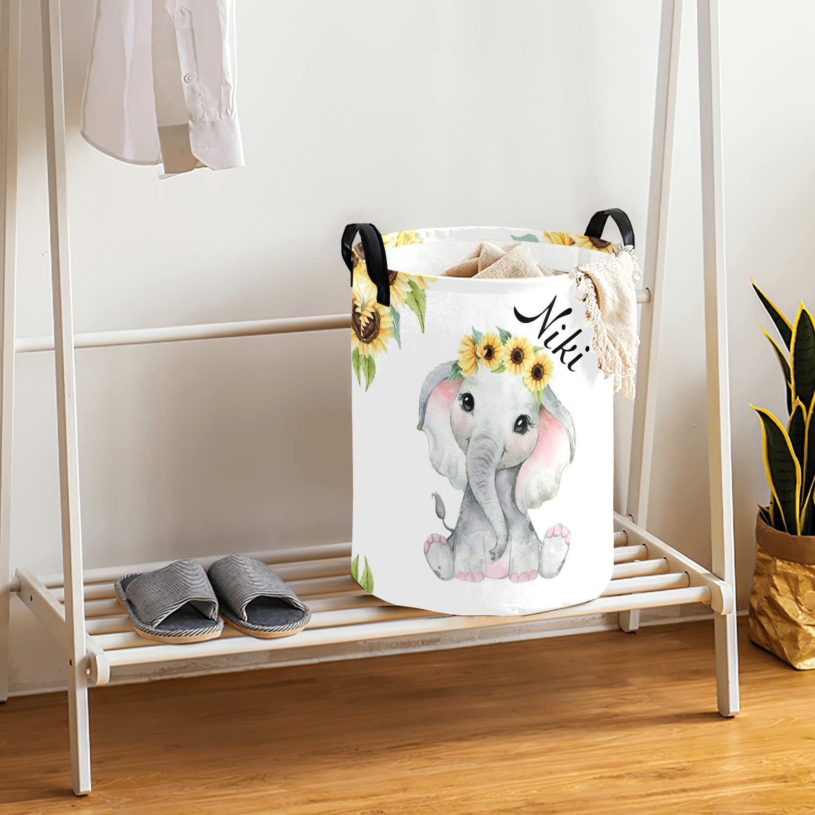 Sunflower Elephant Round Laundry Basket Personalized with Name Waterproof Canvas Clothes Basket Laundry Hamper with Handles for Kids Room Bedroom Gift Baskets