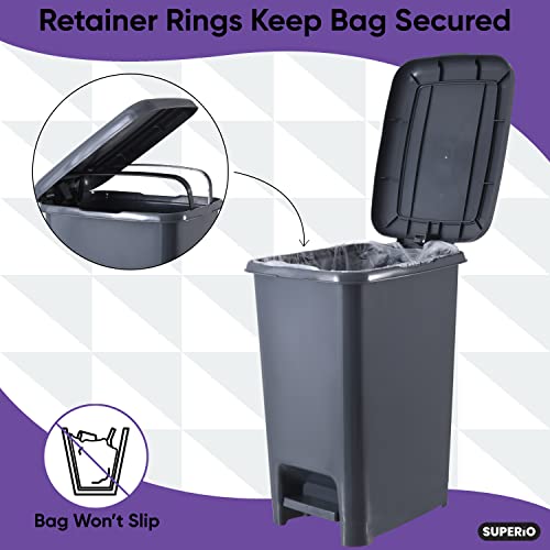 Superio Slim Trash Can with Foot Pedal – 4 Gallon Step-On Trash Can, Small Plastic Garbage Can with Lid, Trash Can for Bathroom, Bedroom, RV, Kitchen, Office, Patio, or Dorm – Onyx Grey