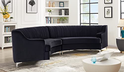 Yoglad Upholstered Curved Sectional Sofa, Modern Style Semicircle Couch, Tufted Sofa with Metal Legs, Circular Sofa with Villose Pillows for Living Room (Black, 140" Stripe Style, Velvet)
