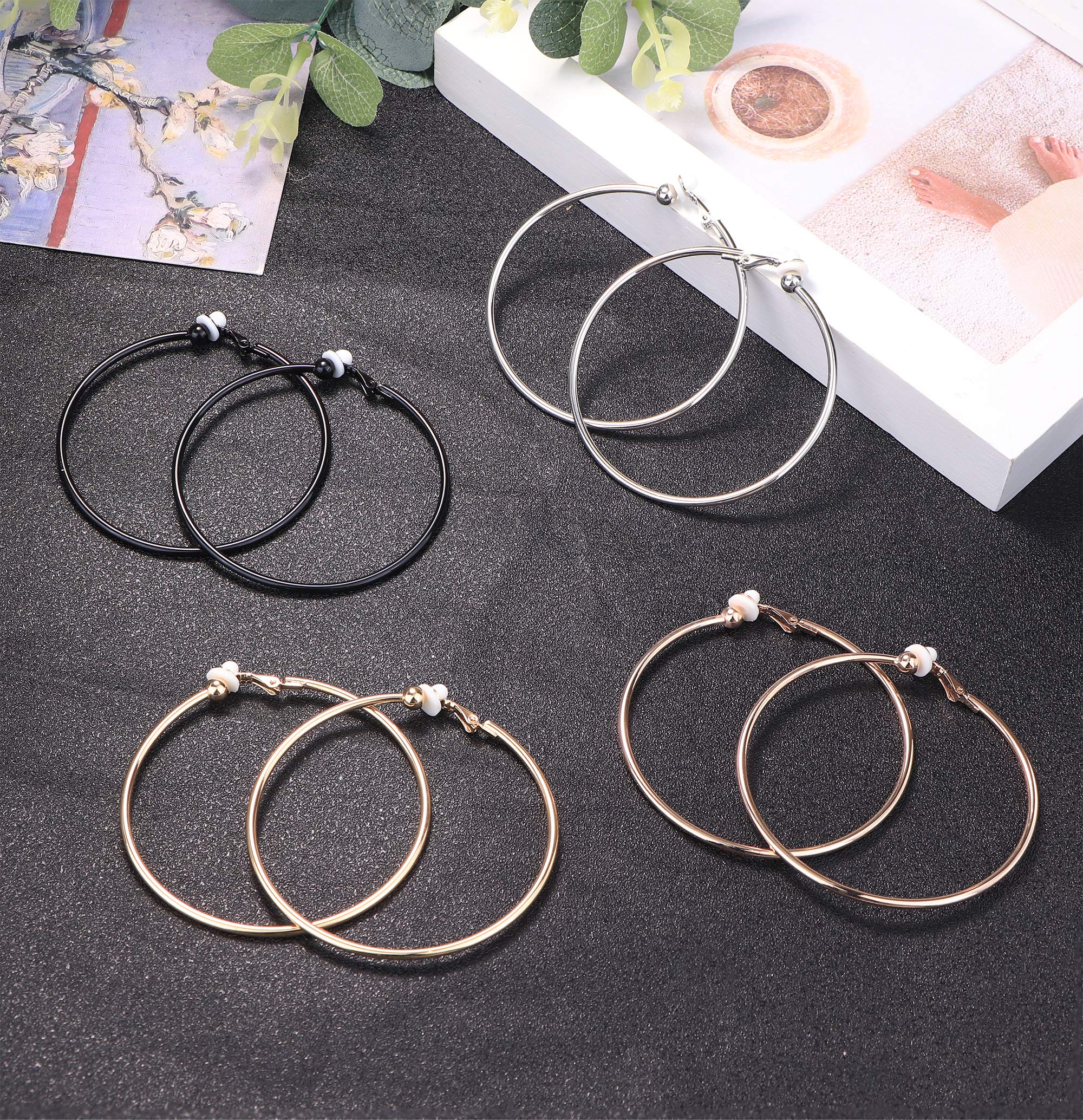 JOERICA Clip On Hoop Earrings for Women Silver Tone Gold Tone Rose Gold Tone Black Unpierced Hoop Earrings Non-pierced