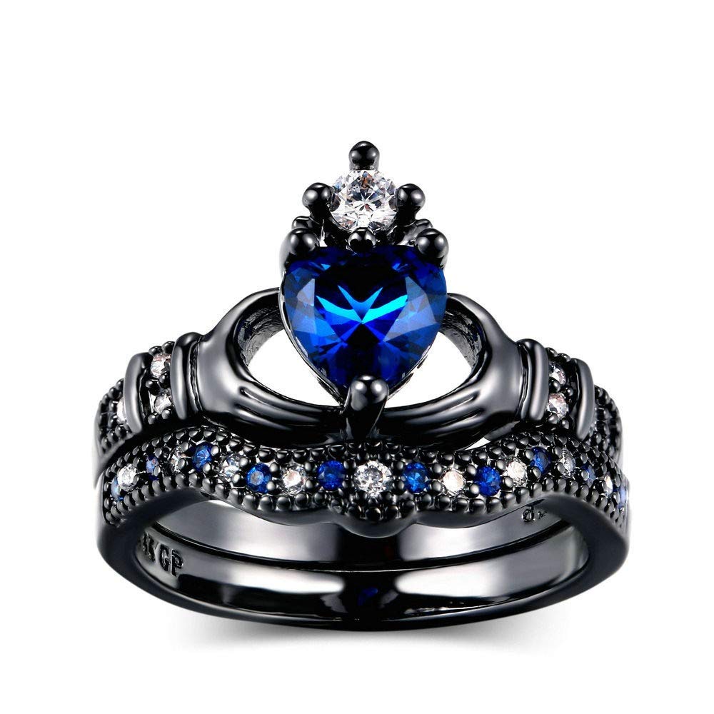 LZJ Blue Zirconia Heart Cut Bridal Princess Crown CZ Black Gold Plated Eternity Band Rings (7)
