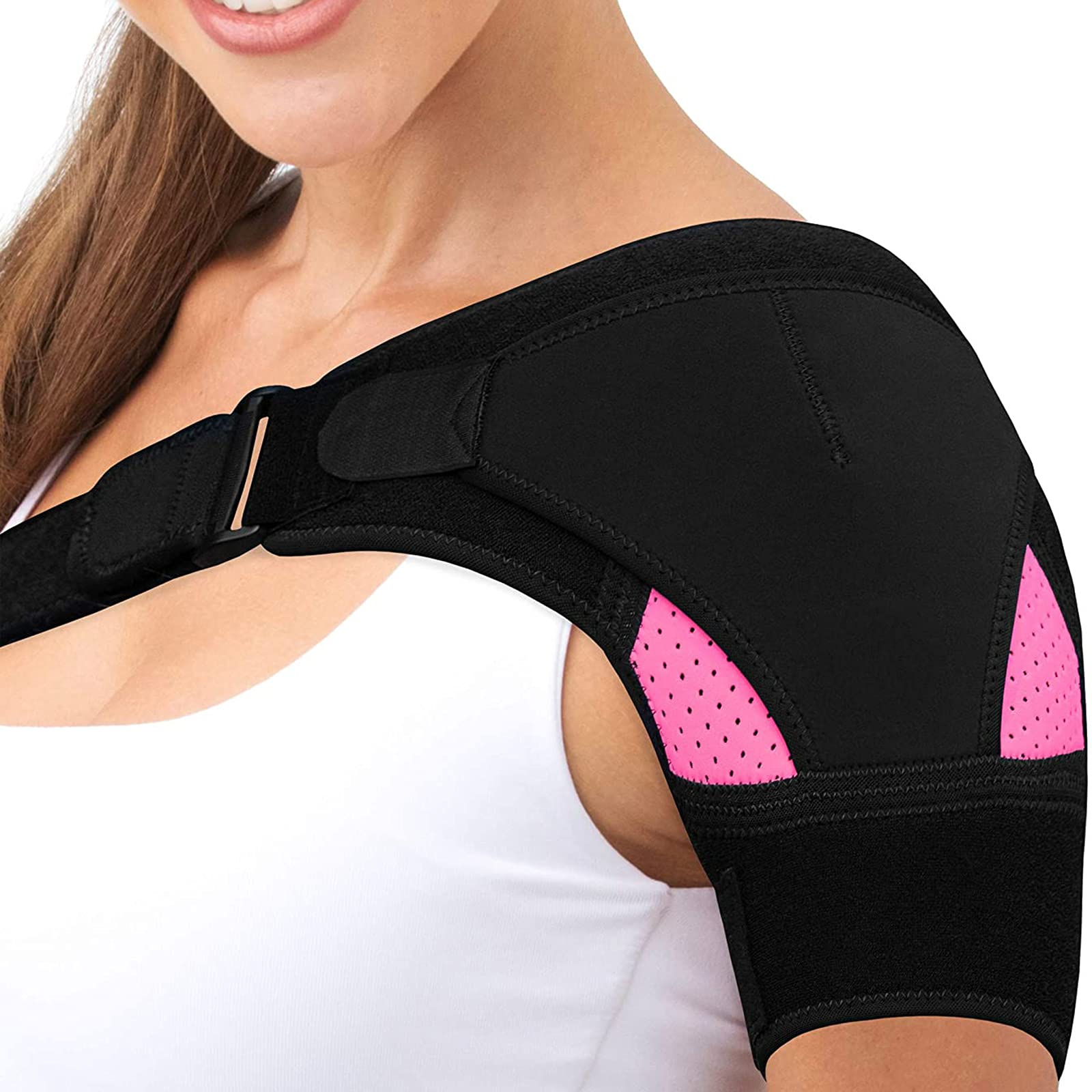 Lzour Shoulder Support Brace for Men and Women - Adjustable Wrap Compression and Stability for Chronic Pain and Aches in Injuries Such As Torn Rotator Cuff, Dislocated AC Joint (M - XL),Pink,L/XL