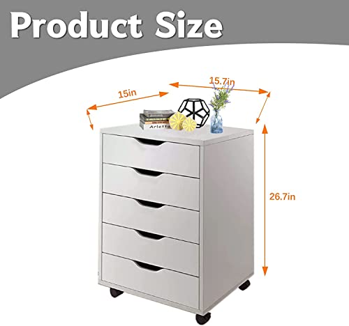 YQ FUNLIS 5-Drawer Chest Wood Storage Dresser Cabinet with Wheels Mobile Side Cabinet Chest for Home Office Storage Use,White