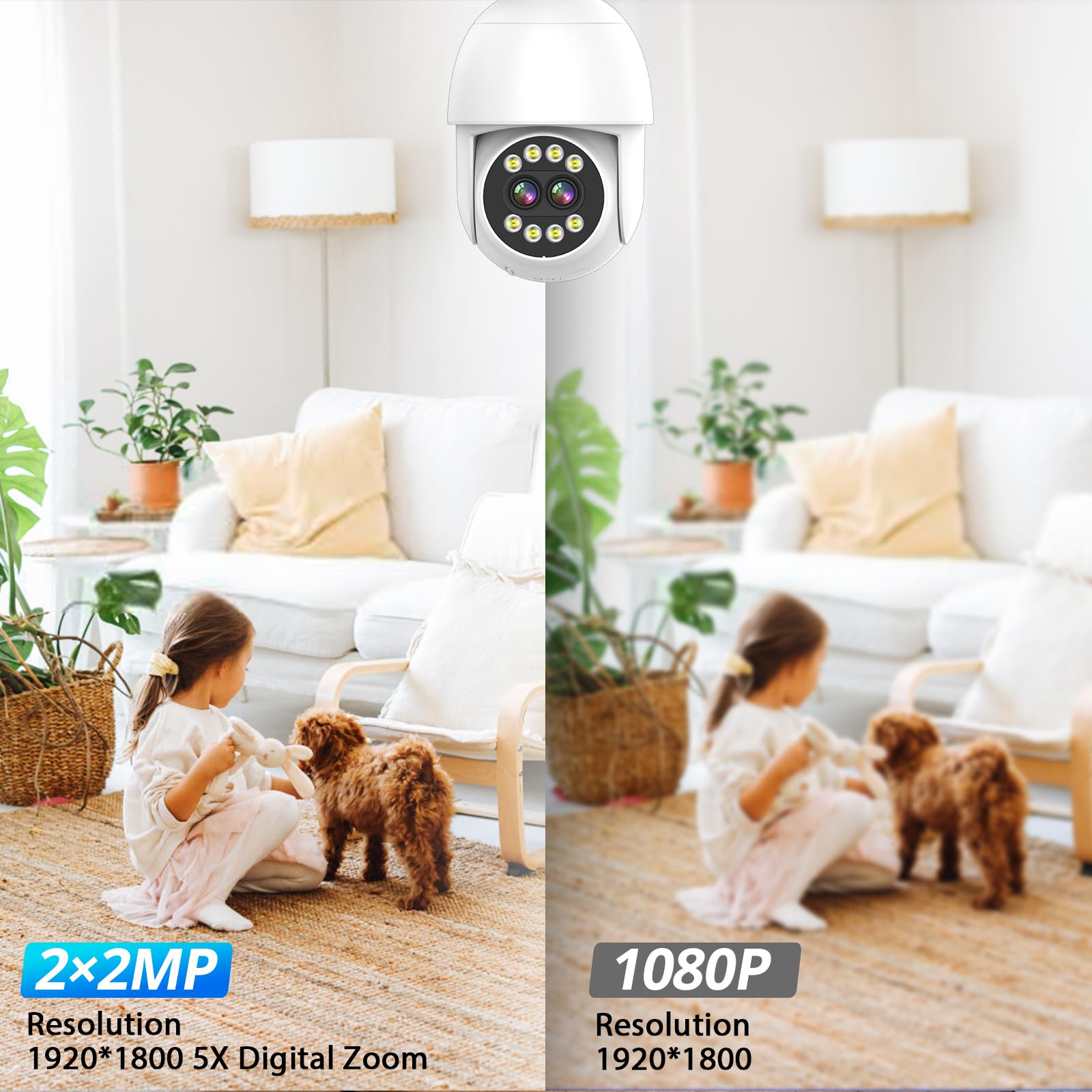 KERUI Upgraded Light Bulb Security Camera, 5X Zoom Dual Lens 4MP Wireless Cameras Indoor Outdoor, 2.4Ghz WiFi Light Bulb Camera with Color Night Vision, Motion Detection, Two Way Talk and Phone APP