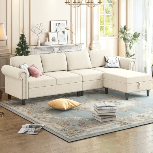 ZAFLY Convertible Sectional Sofa Couch with Movable Storage Ottoman, Linen 4 Seat L Shape Couch with Reversible Chaise, Living Room Sets for Office, Apartment (Beige)