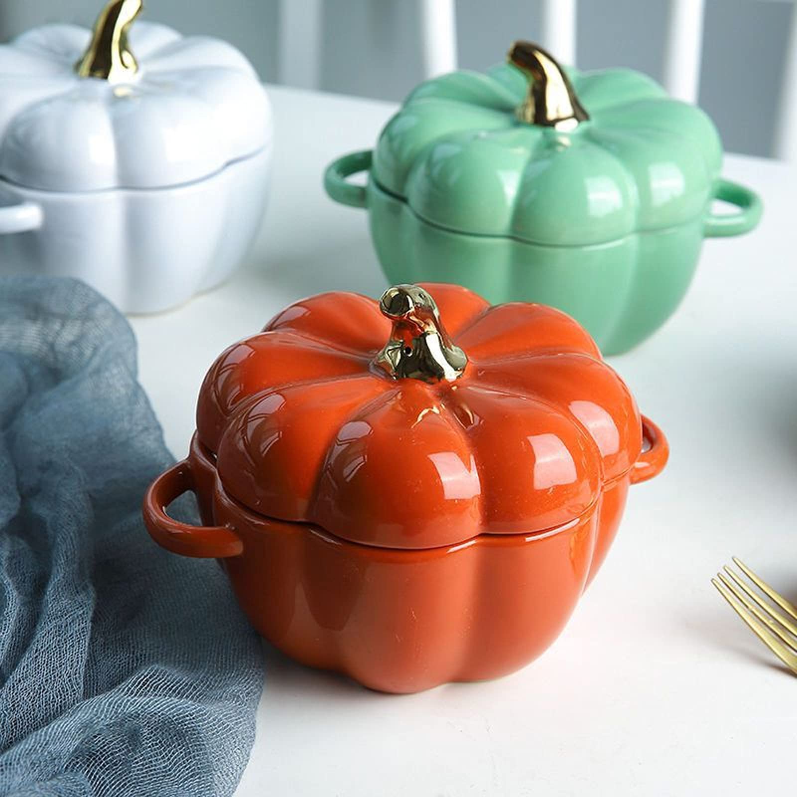 NUANYOYO Ceramic Pumpkin Soup Bowl with Lid,Pumpkin Soup Bnowl,Ceramic Stew Pot Pumpkin Shape Storage Jar,Ceramic Pumpkin Dessert Bowl for Fashion Creative Tableware (White)