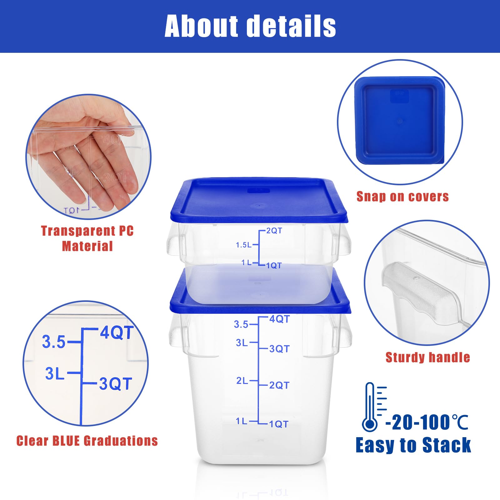 Kigley 4 Pcs Food Storage Containers with Lids Set 2 Qt 4 Qt 6 Qt 7.5 Qt Clear Square Commercial Food Storage Container with Scale Handle for Home Restaurant Kitchen Food Prep(Red)