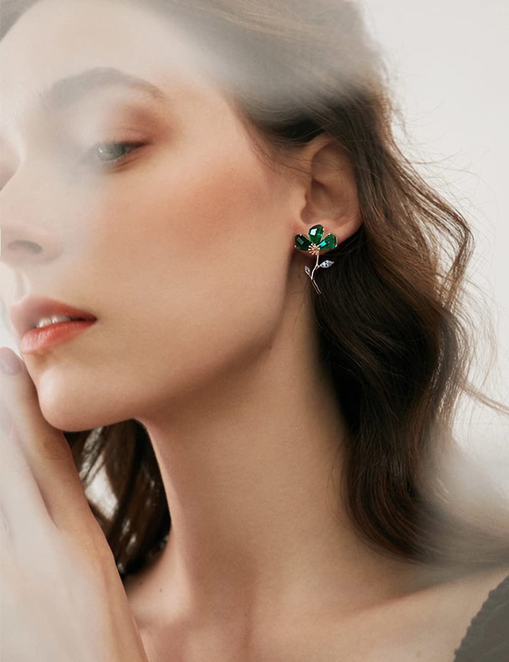 KZZENKI Green Flower Earrings with Stud, Statement Gold Dangle Earrings for Women Trendy Drop Earrings Gift