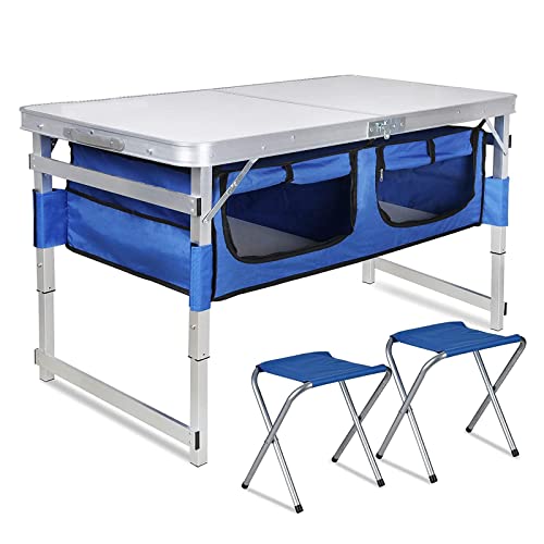 JooMoo Folding Camping Table with Storage - Portable Outdoor Aluminum Picnic Tables with Organizer and 2 Chairs, 3 Adjustable Heights, Lightweight Dining Table for Camp Beach Party BBQ