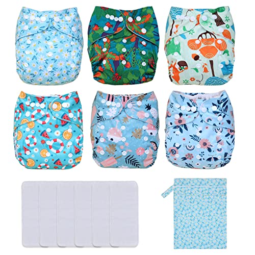 TDIAPERS Baby Cloth Diapers Washable Reusable One Size Adjustable for Baby 6 Pack with 6 Pcs Microfiber Inserts, 1 Wet Bag