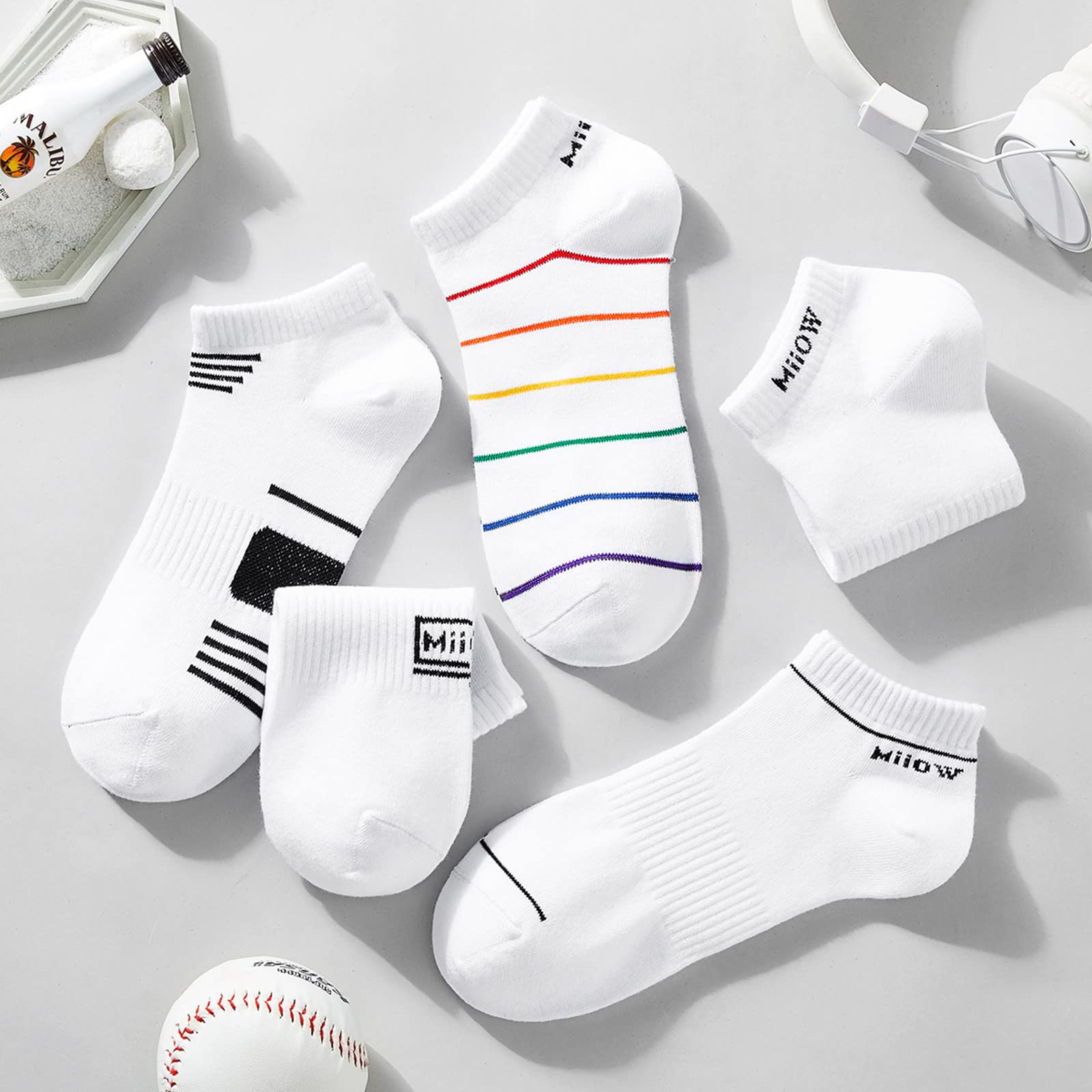 NUHEEL Ankle Socks Men Breathable Sports Low Cut Socks for Casual Running Walking Hiking Athletic, White (5 Pairs)