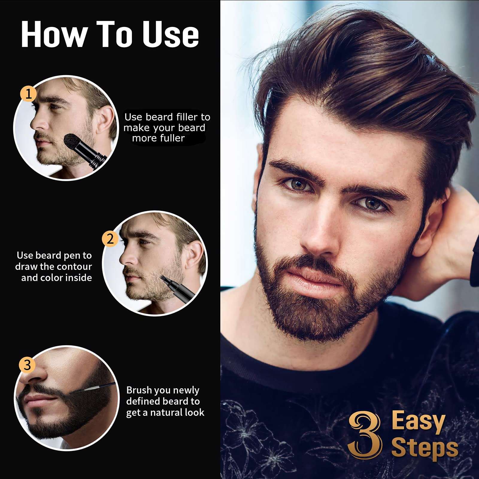 SUMEITANG Beard Pen Filler for Men, with 4 Tip Beard Filling Pen, Beard Dye and Brush for Man Creates Natural Looking Beard, Moustache and Eyebrows, Waterproof and Longlasting Beard Pencil Kit-Black