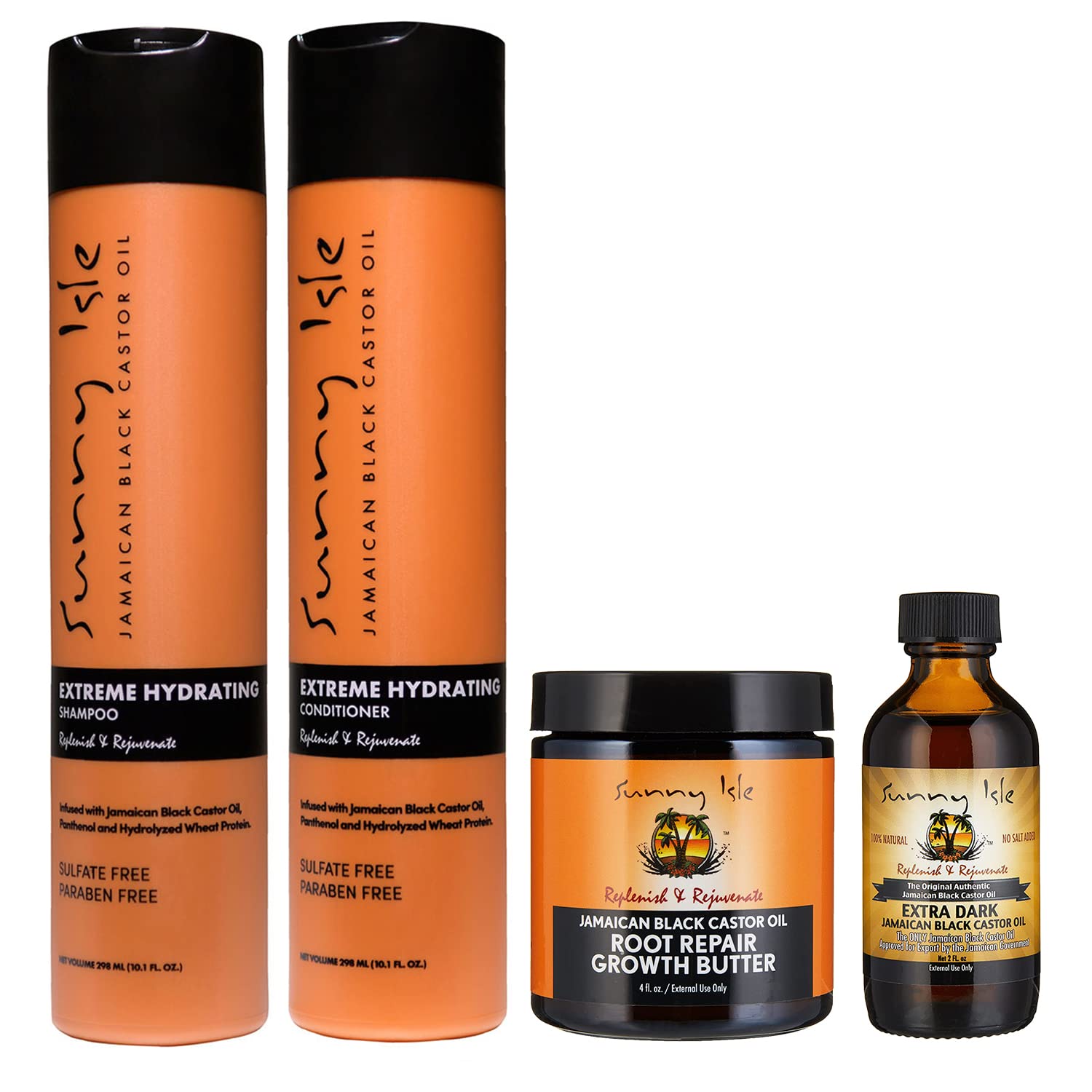 Sunny Isle Jamaican Black Castor Oil Extreme Hydrating Shampoo & Conditioner 10.1oz, Root Repair and Growth Butter 4oz and Extra Dark JBCO 2oz, 4-Piece Hair Growth Bundle