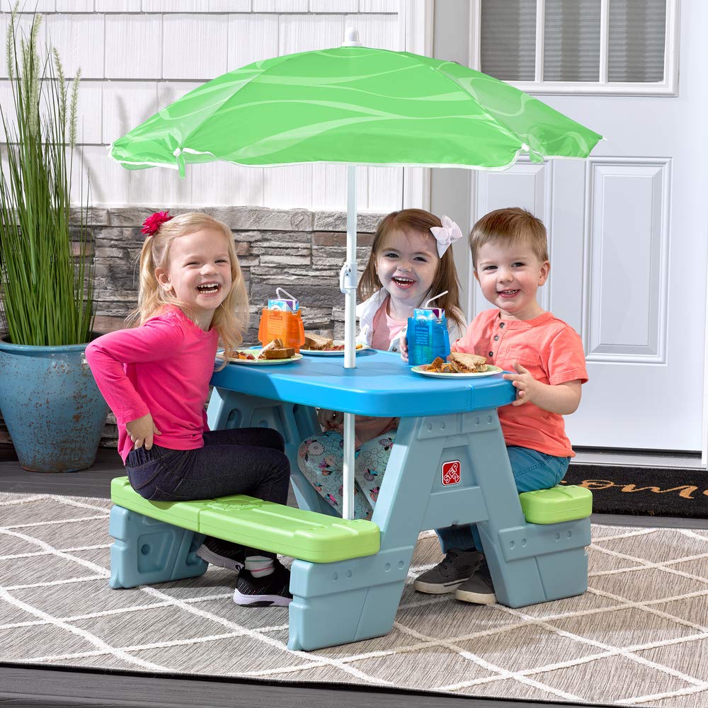 Step2 Sun & Shade Kids Picnic Table with Removable Umbrella β Indoor/Outdoor Kids Picnic Table Seats Four β Easily Assembly and Store the Kids Table β Yard Friendly Colors β Amazon Exclusive