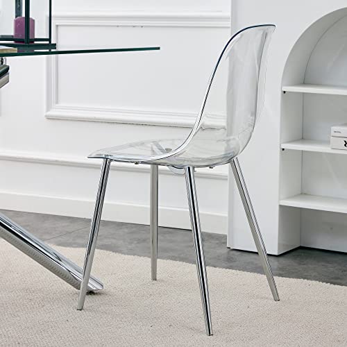 Yoluckea Crystal Clear Dining Chairs Set of 4, Modern Plastic Shell Kitchen Chairs Accent Ghost Chairs with Metal Legs for Kitchen, Dining, Living, Guest, Bed Room (Silver Frame)